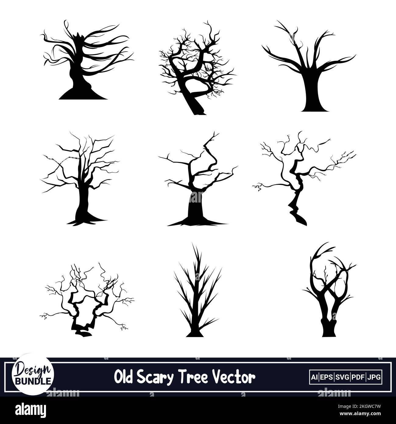 Halloween scary dead tree silhouette design on a white background. Dead ...
