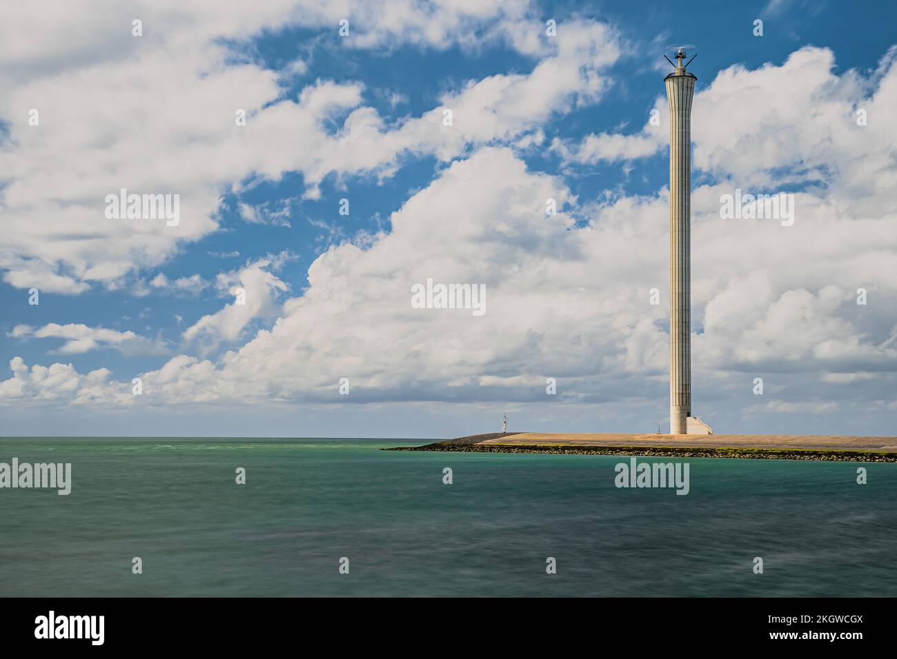 The 118 meter high radar tower is located on the breakwater of the work ...