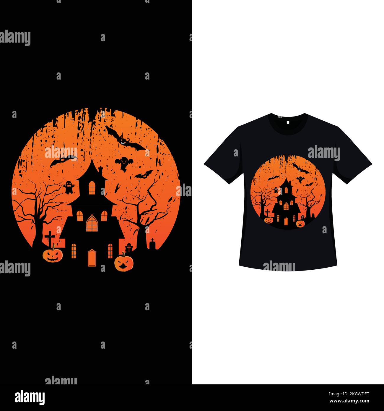 Halloween white color T-shirt design with a haunted house. Halloween ...