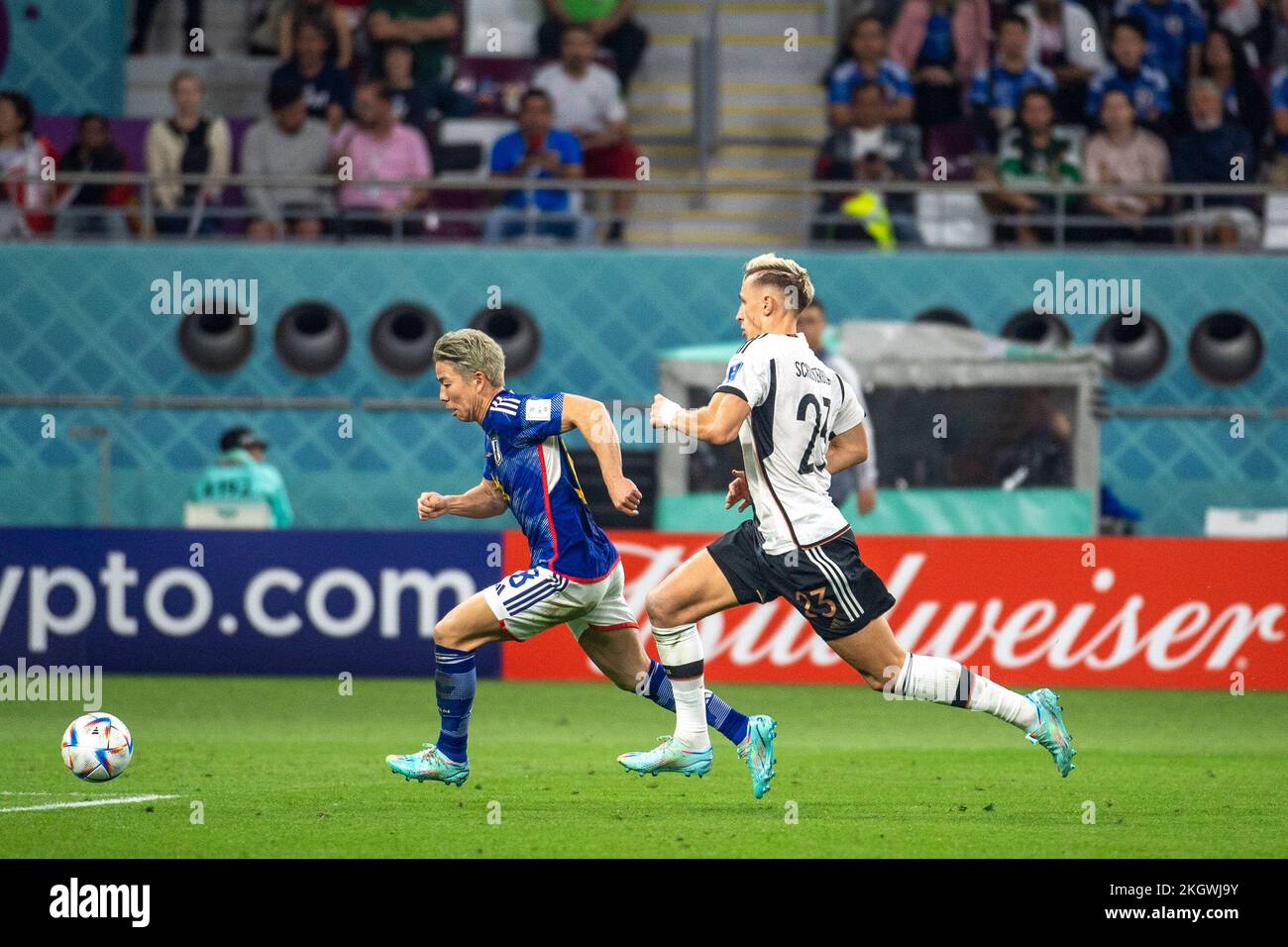 DOHA, CA - 23.11.2022: GERMANY VS JAPAN - Takuma Asano of Japan scores ...