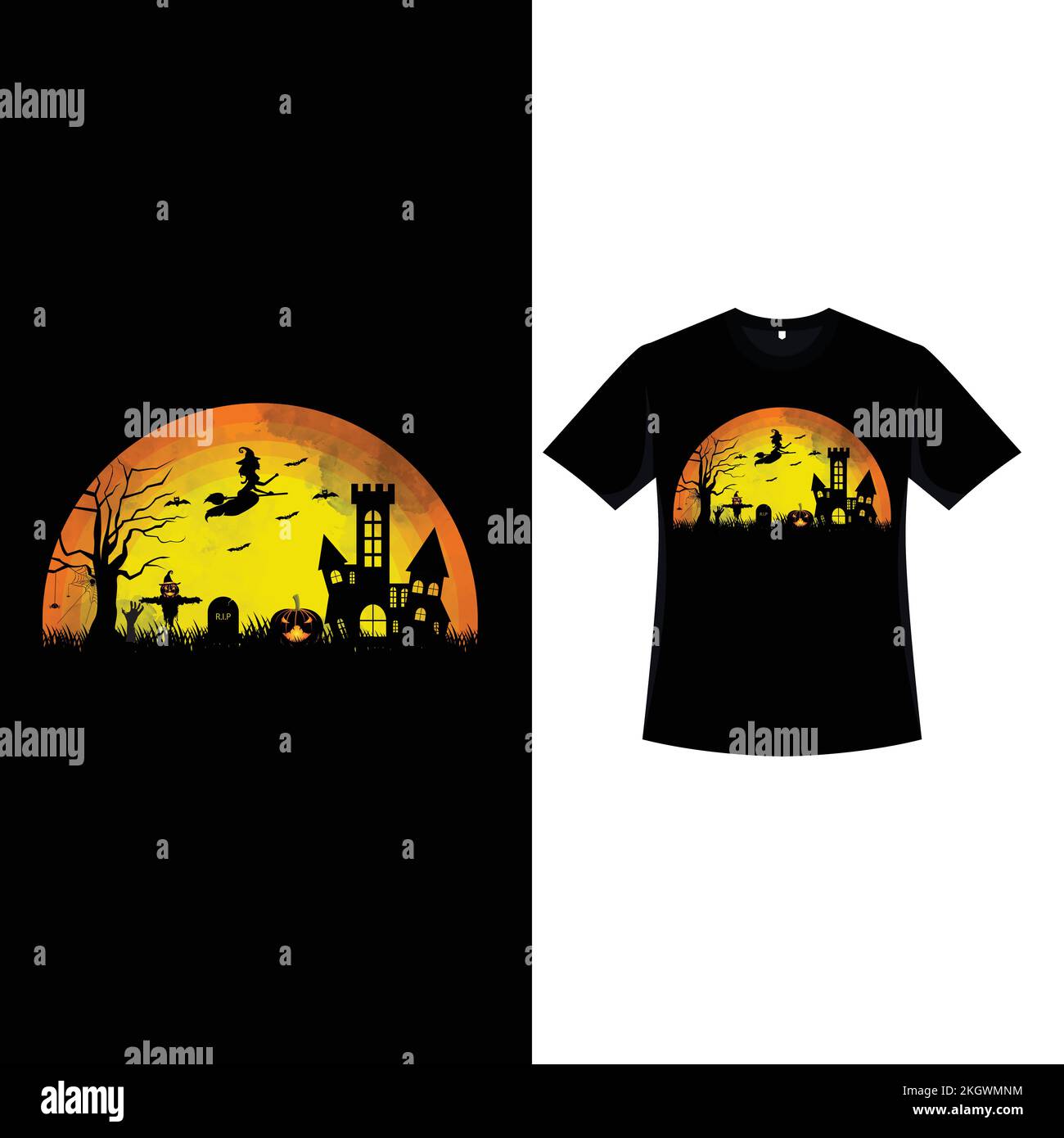 Halloween fashion T-shirt design with a scarecrow, haunted house, and ...