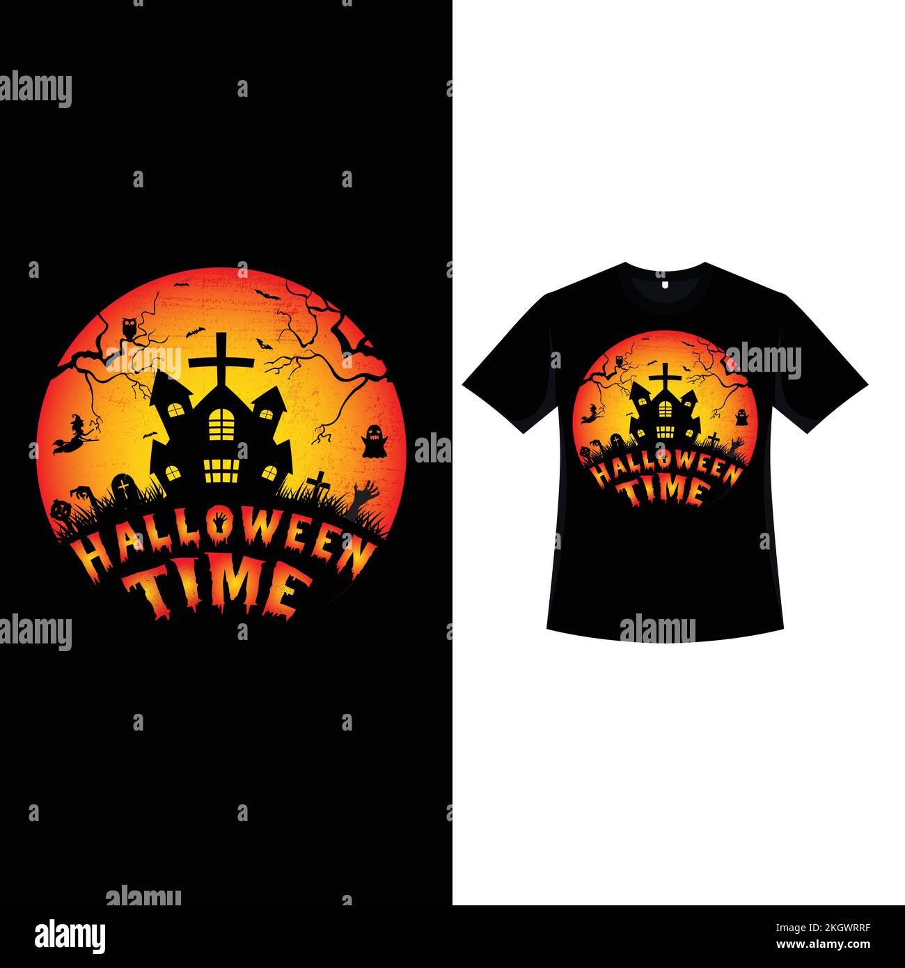 Halloween fashion T-shirt design with a haunted house, calligraphy, and ...