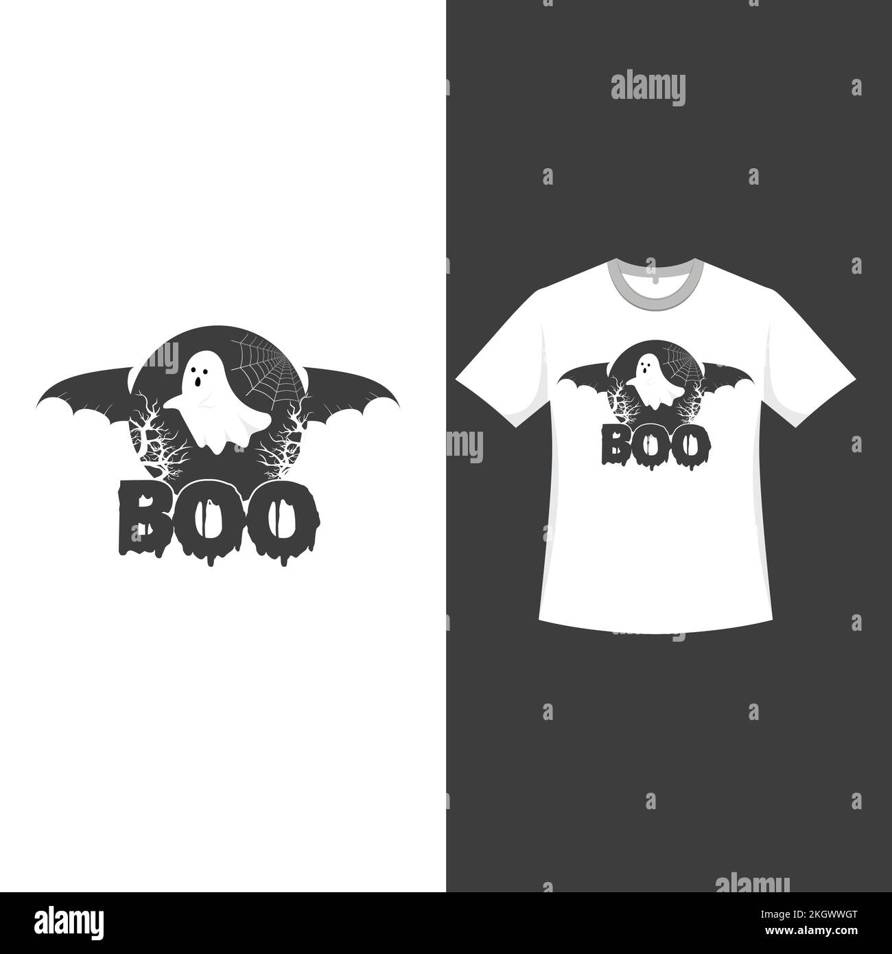 Halloween black T-shirt design with a cute ghost and dead tree ...