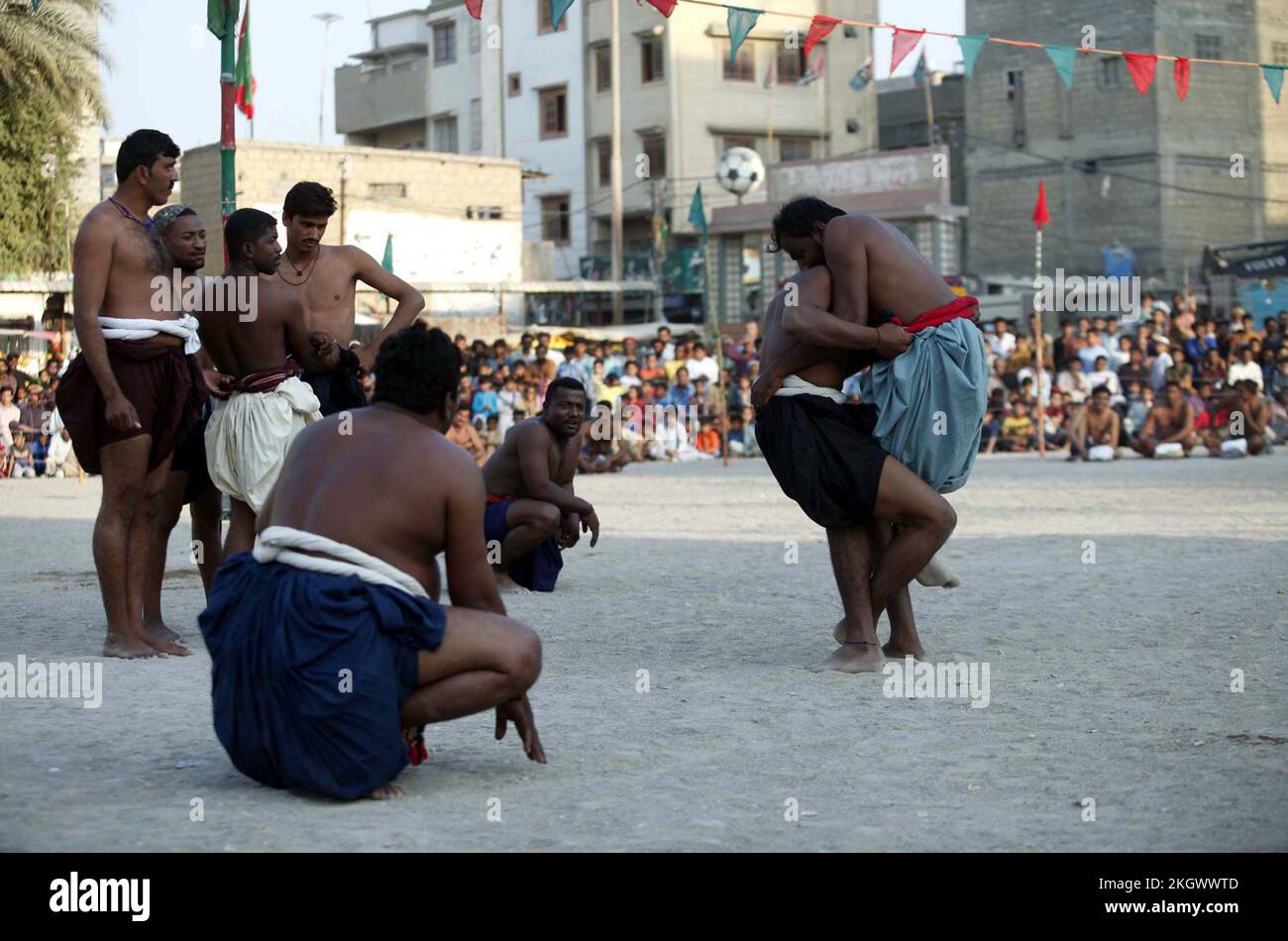 Wrestlers in action during the Sindh traditional wrestling Malh on the ...