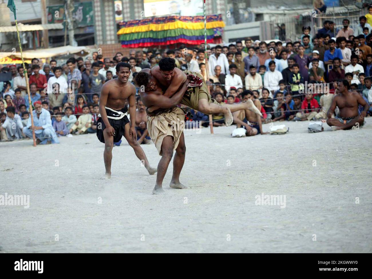 Wrestlers in action during the Sindh traditional wrestling Malh on the ...
