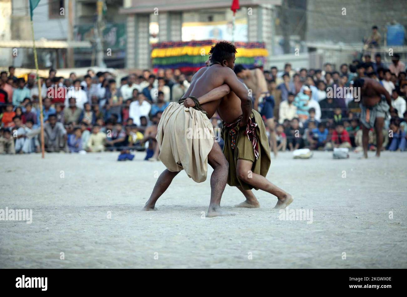 Wrestlers in action during the Sindh traditional wrestling Malh on the ...