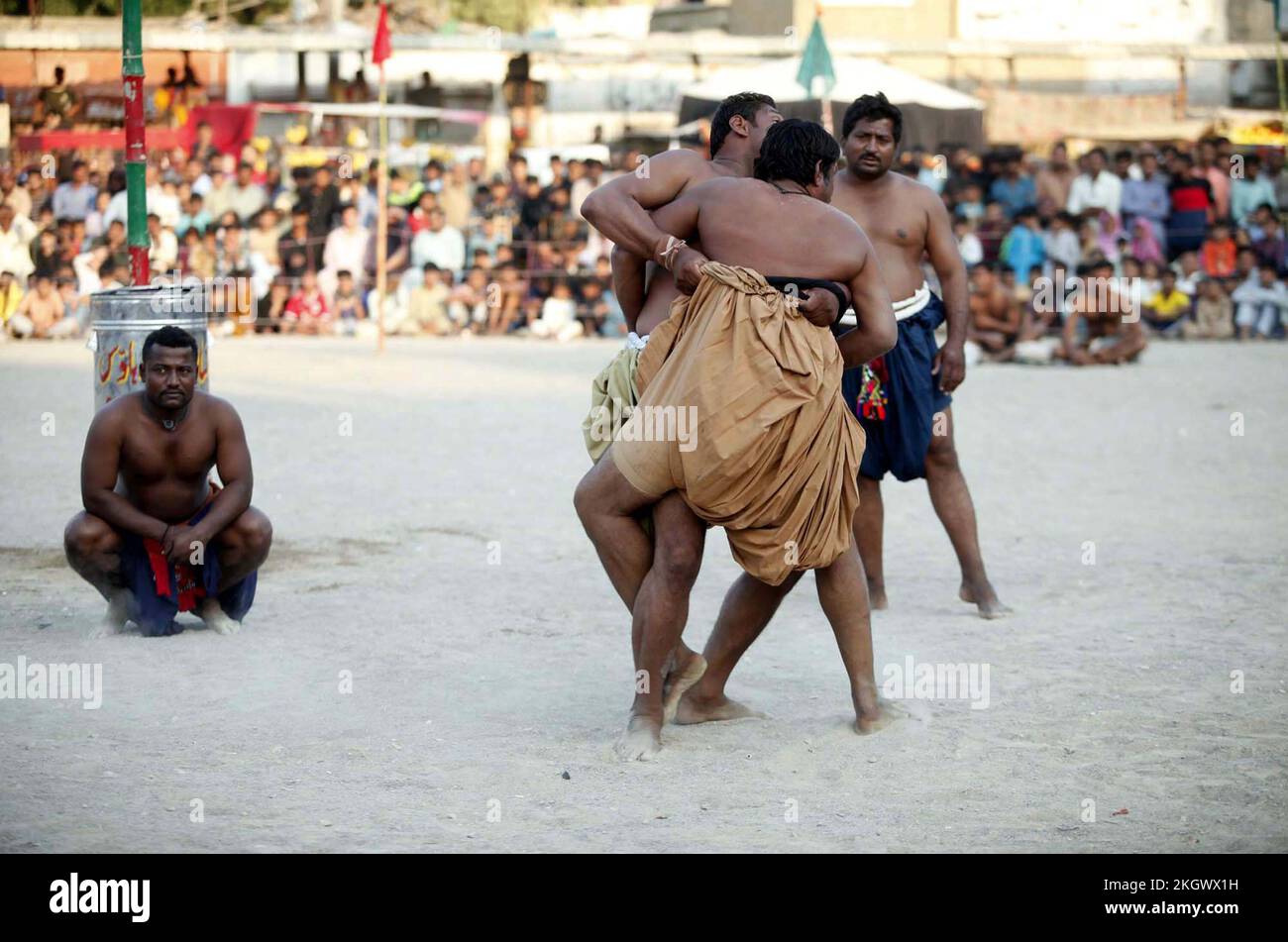 Wrestlers in action during the Sindh traditional wrestling Malh on the ...