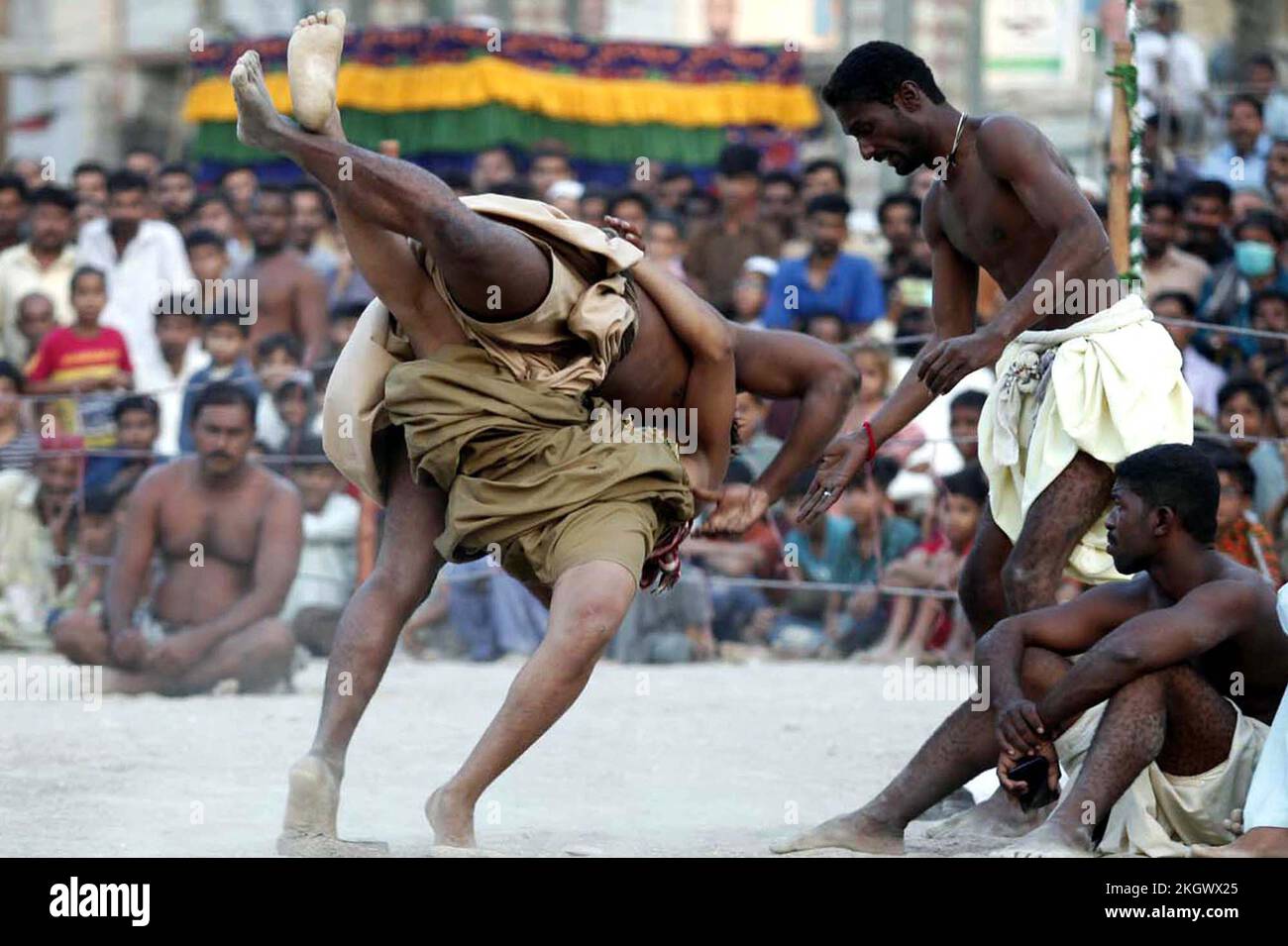 Wrestlers in action during the Sindh traditional wrestling Malh on the ...