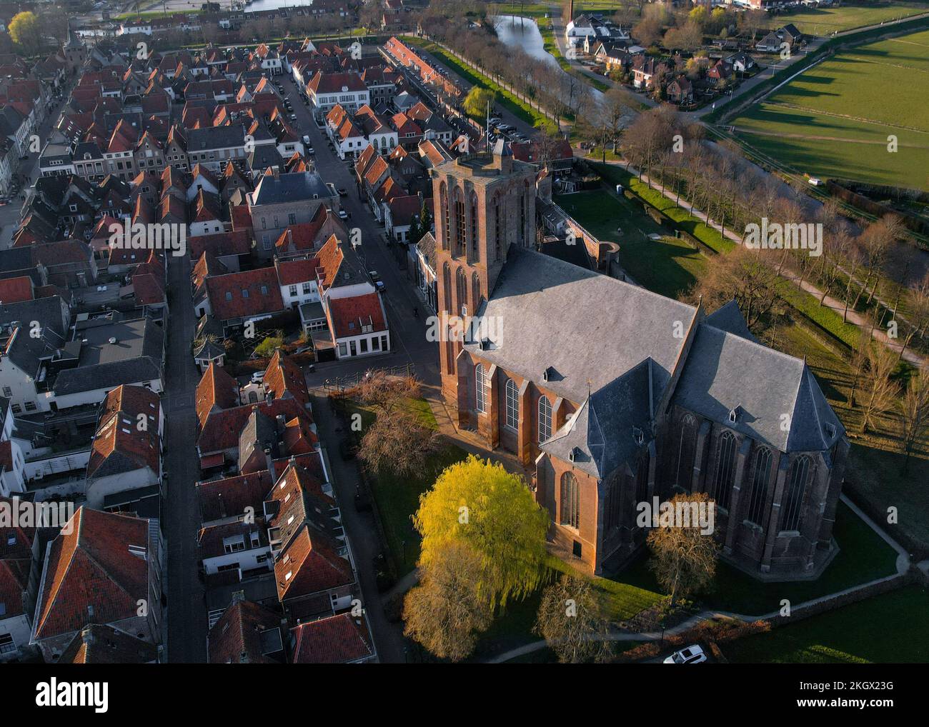 An aerial view of a church near the city buildings Stock Photo - Alamy