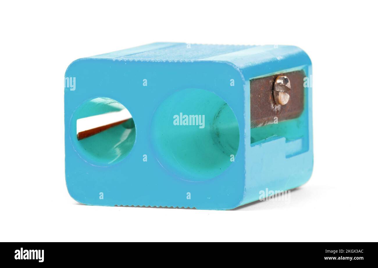 Close up old blue pencil sharpener, isolated on white background ...