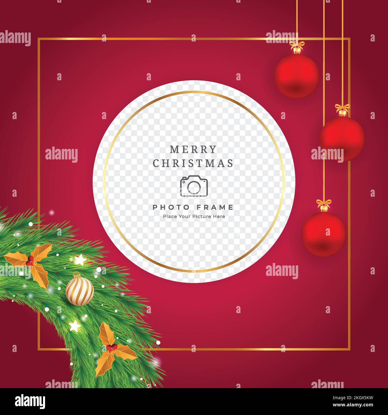 Christmas photo frame design with red and golden color decorative balls ...