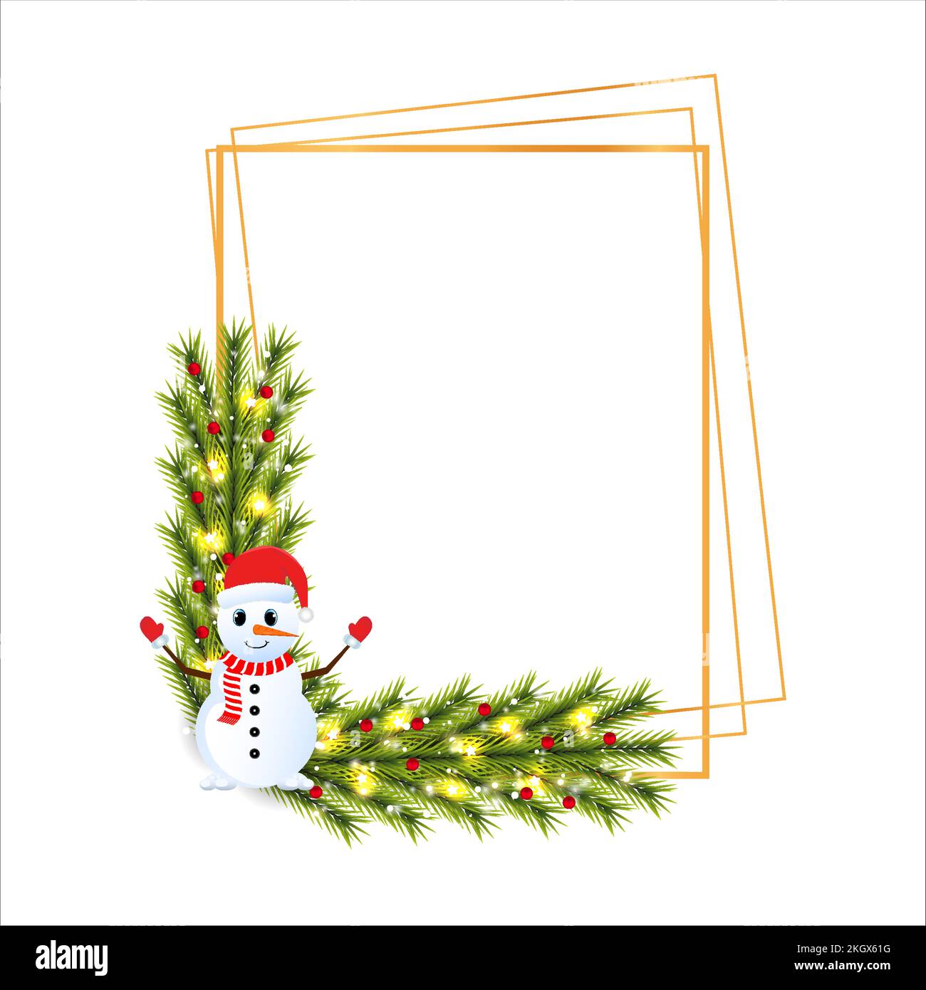 Christmas frame with green leaves on a white background. Xmas frame ...
