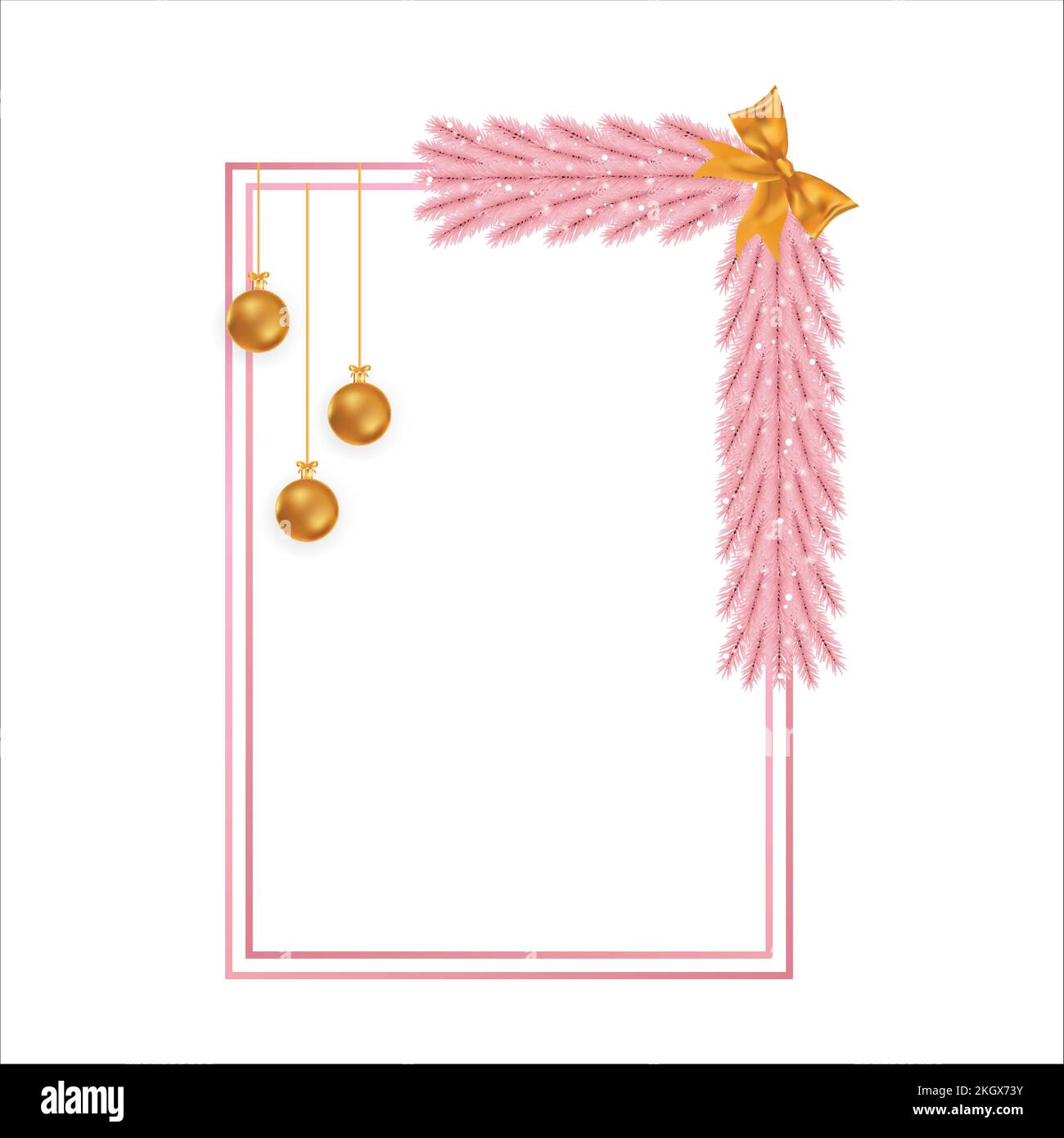 Christmas girly frame with pink pine leaves, snowflakes, golden ball ...