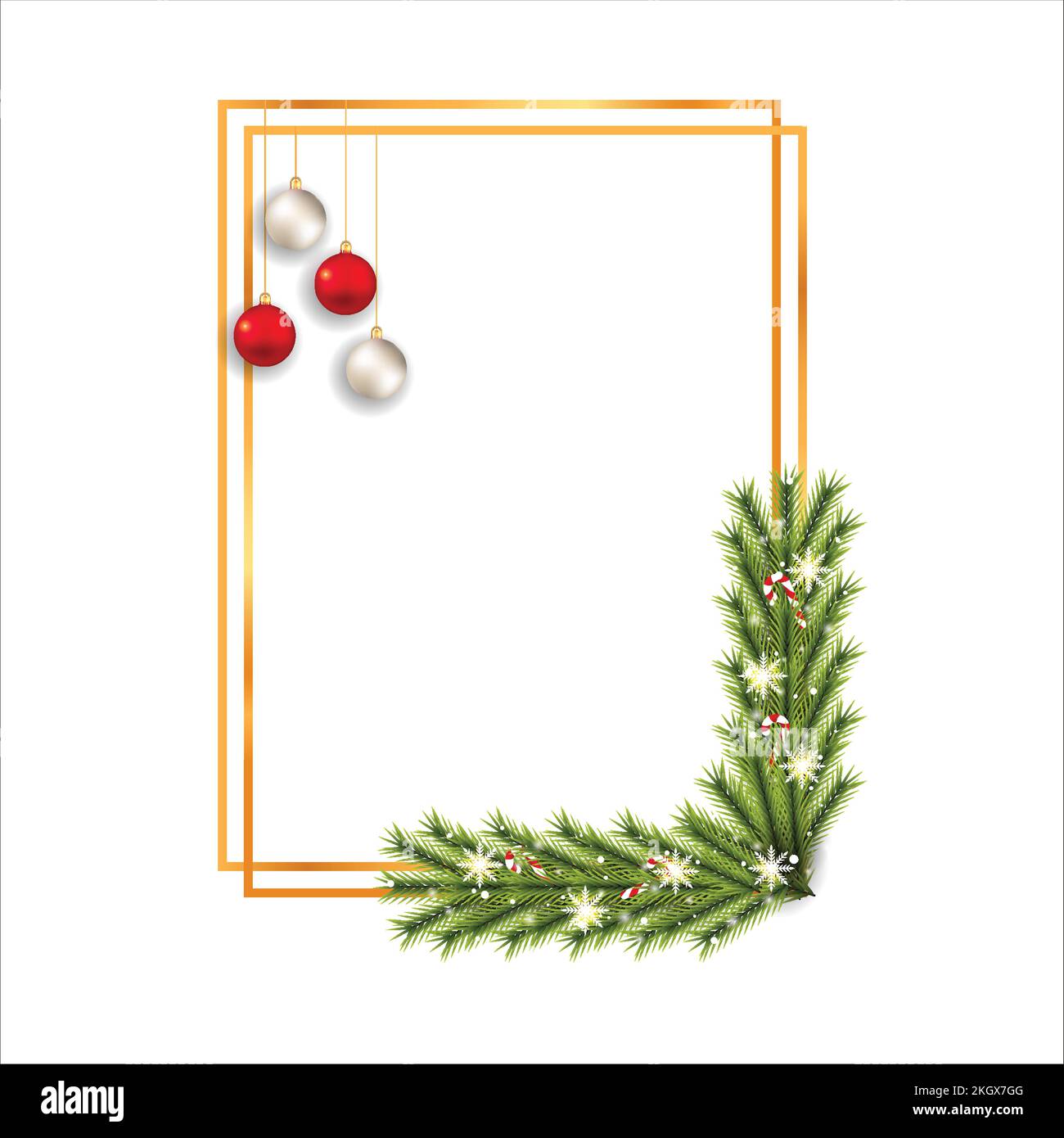 Christmas frame with green pine leaves, snowflakes, red white balls ...