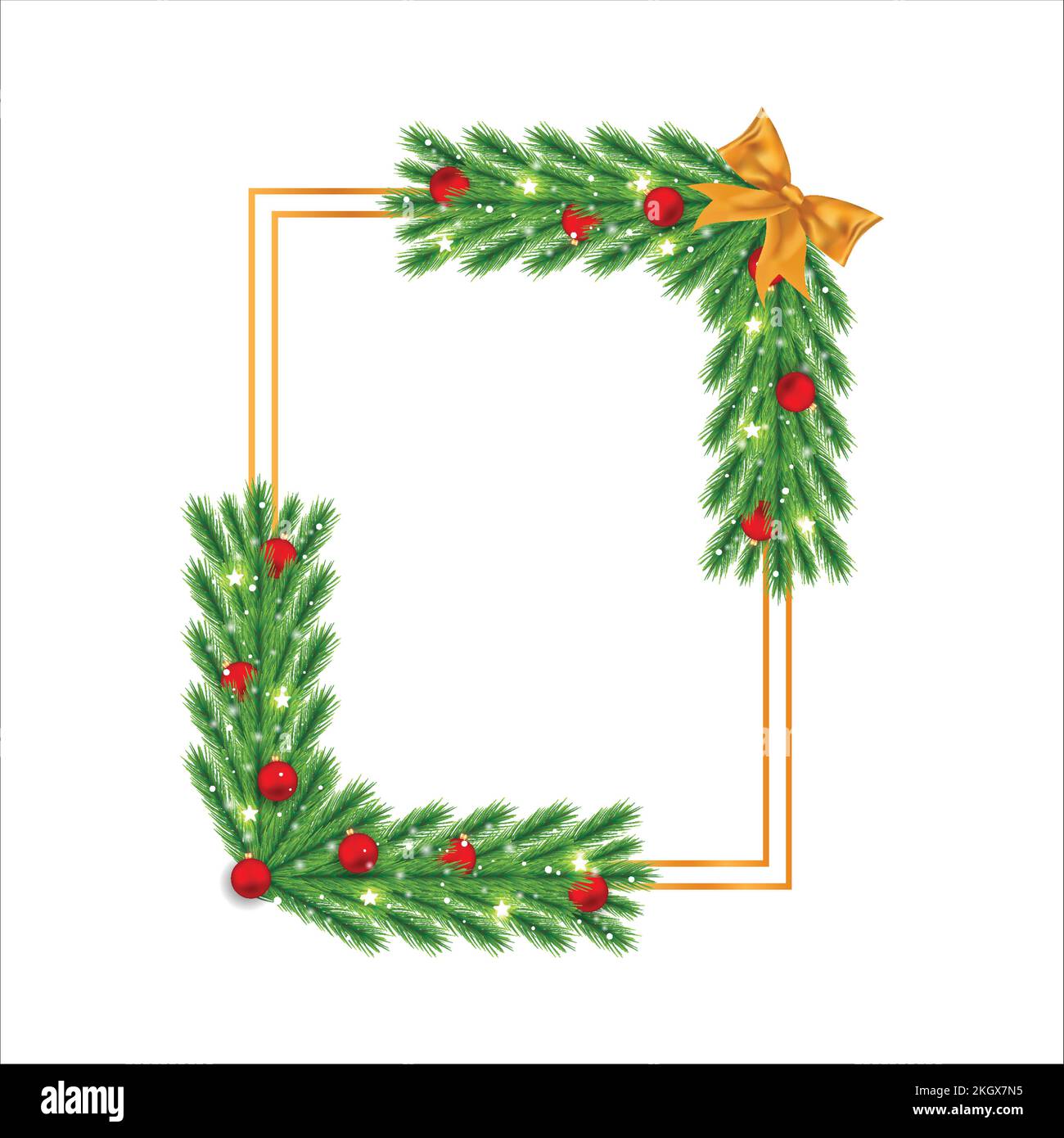 Christmas frame with pine leaves, snowflakes, red decoration ball. Xmas ...