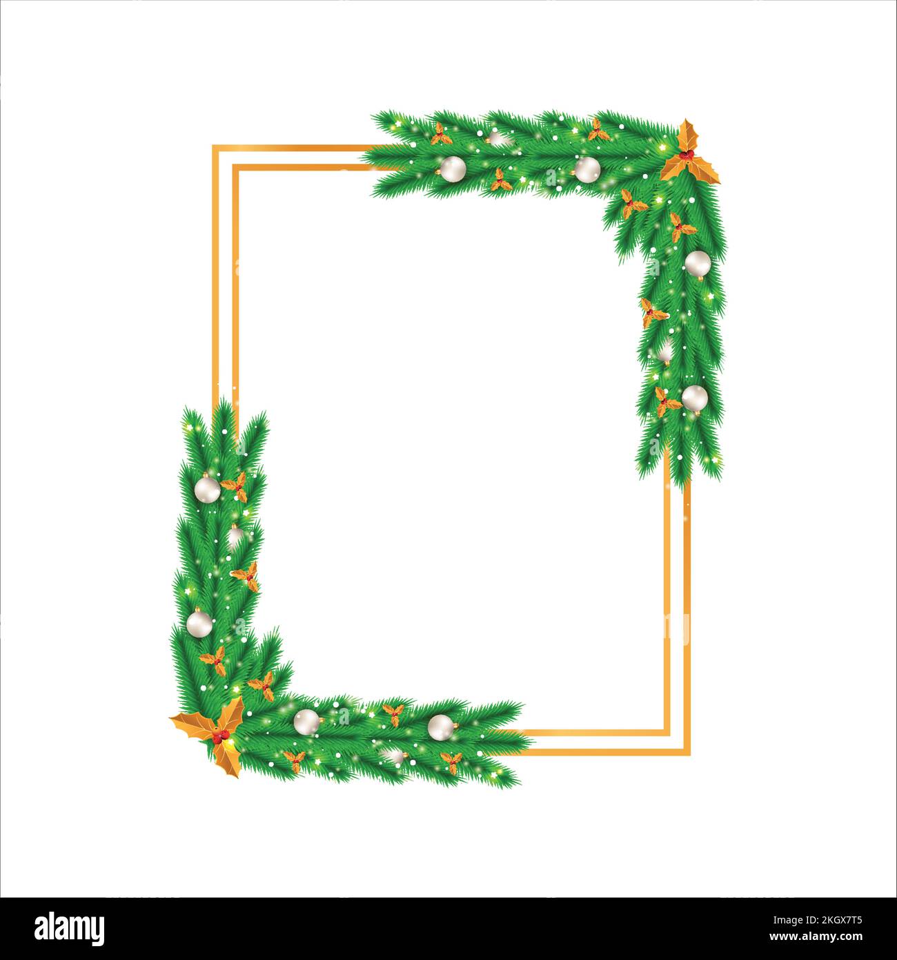 Christmas frame with pine branch and red berries. Xmas frame with ...