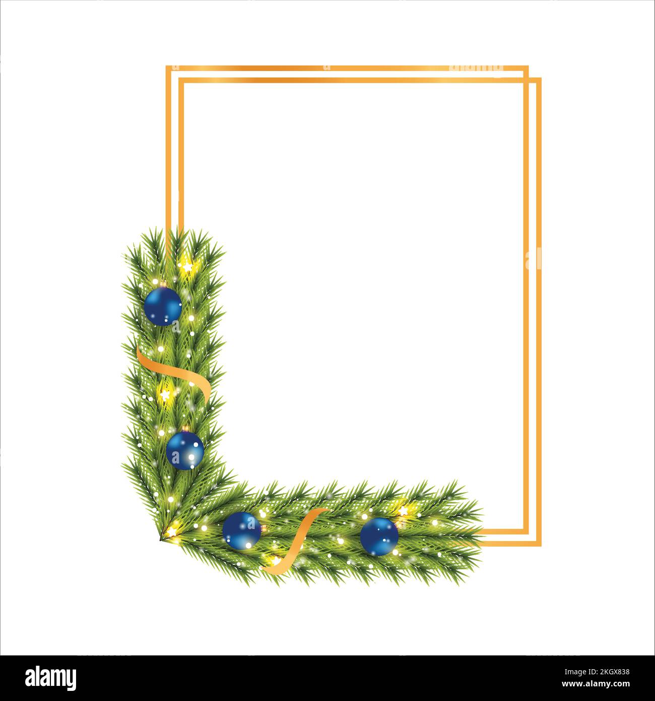 Christmas frame with blue decoration balls, pine branch, starlight ...