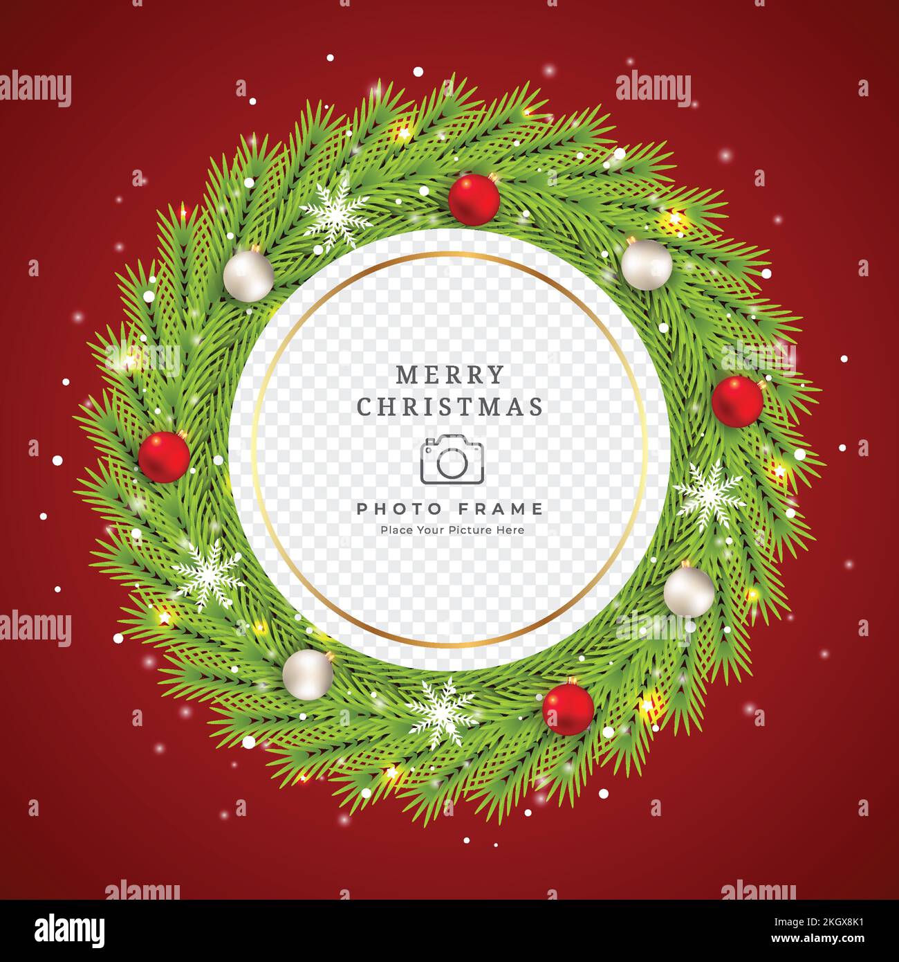 Christmas photo frame with a green wreath and snowflakes. Xmas photo ...