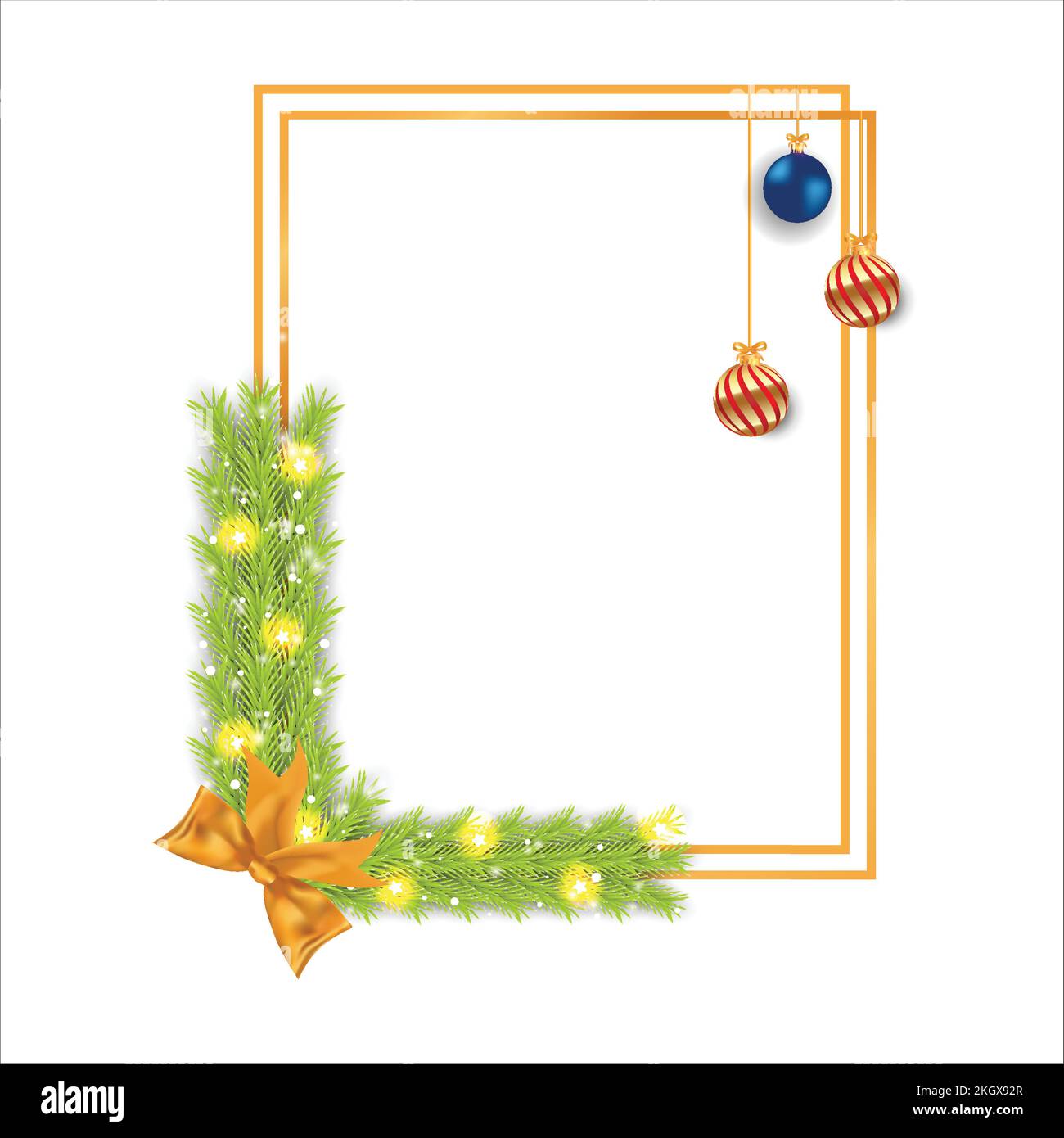 Christmas frame with decoration balls, pine leaves, snowflakes. Xmas ...