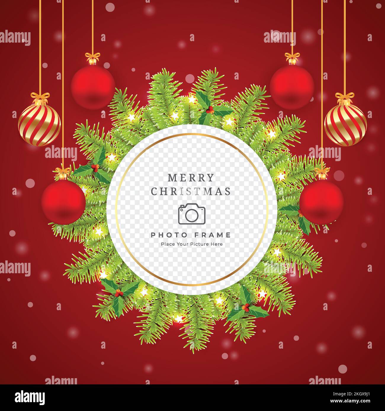 Christmas photo frame with green leaf and decoration balls. photo frame ...