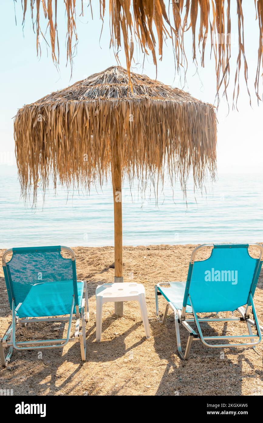 Natural thatched beach umbrella with two blue sunbeds, tropical style ...