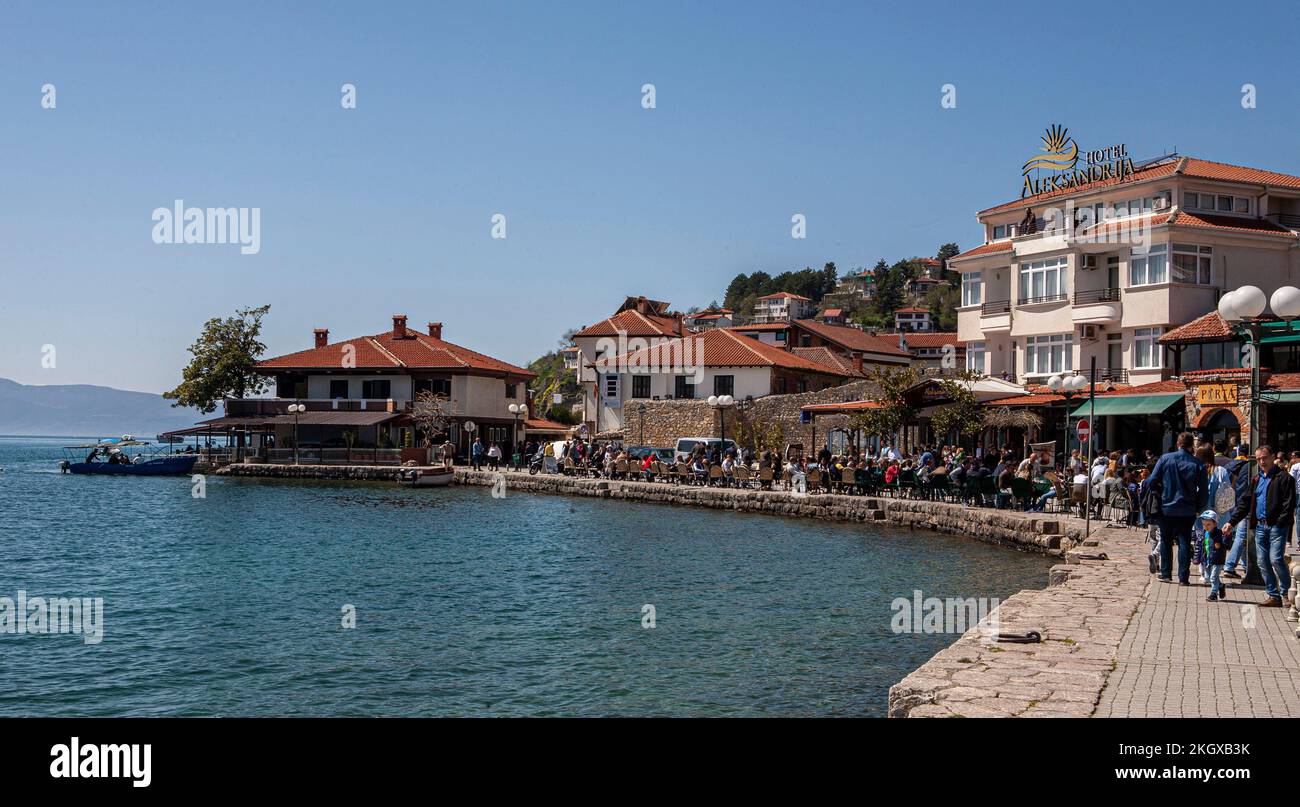 Ohrid lake, coastline and port, harbour in Ohrid, Macedonia, Balkans ...