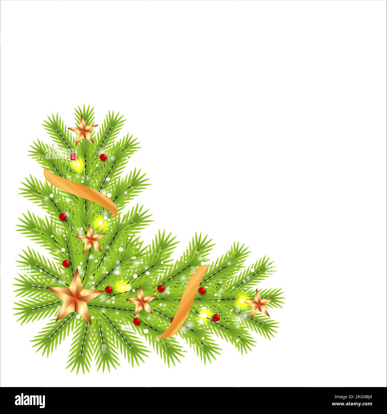 Christmas corner with green leaves and golden stars. Xmas corner with ...