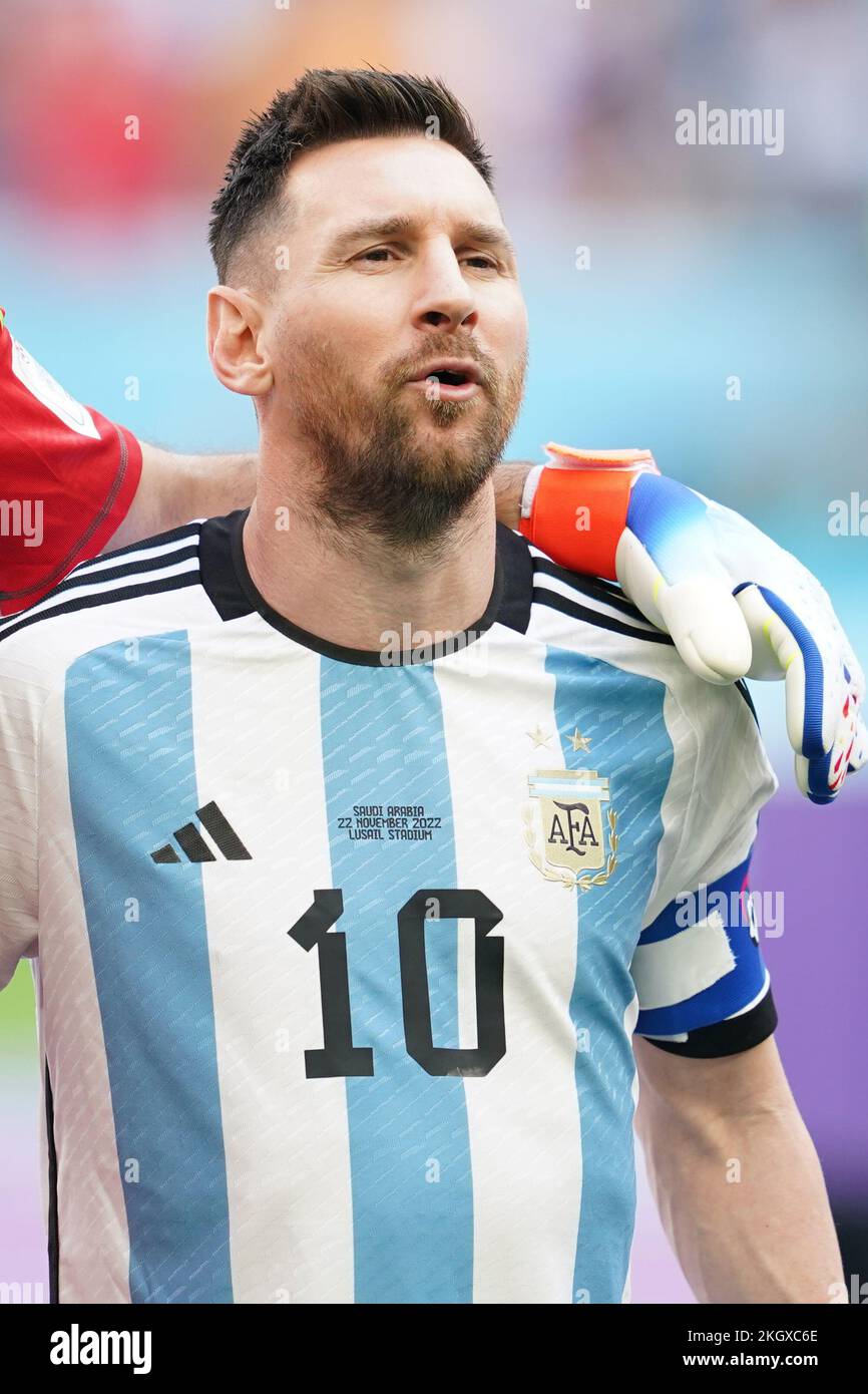 LUSAIL, QATAR - NOVEMBER 22: Lionel Messi of Argentina sings the ...