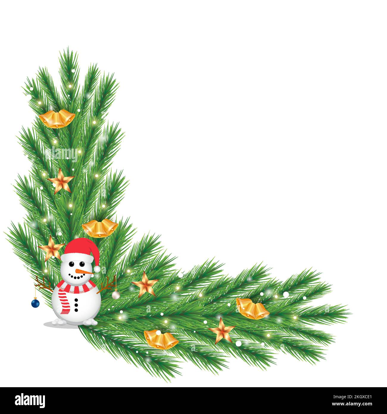 Christmas corner with golden bells and a snowman. Xmas corner with ...