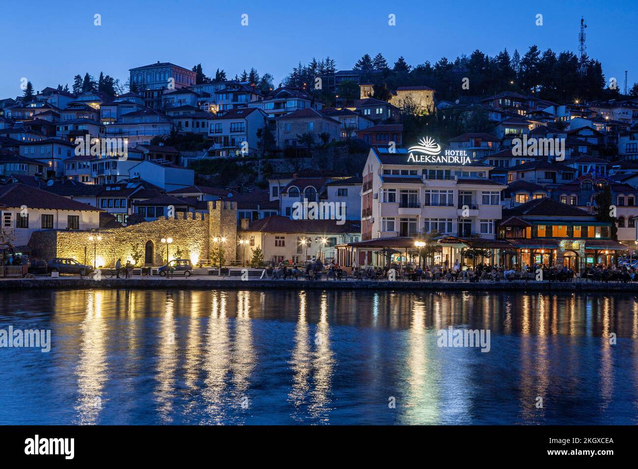 City of Ohrid, old town at twilight, lake Ohrid, North Macedonia ...