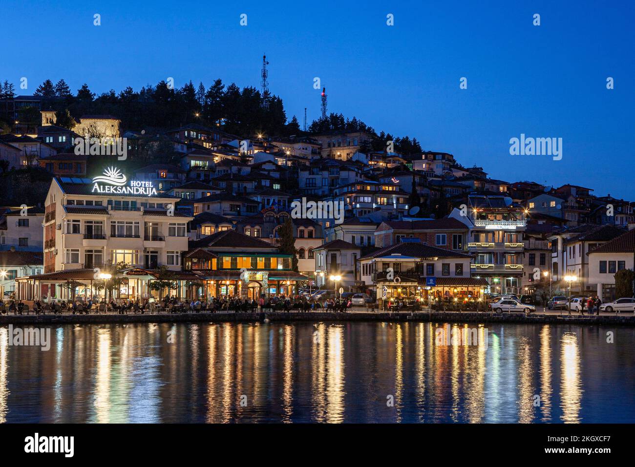 City of Ohrid, old town at twilight, lake Ohrid, North Macedonia ...