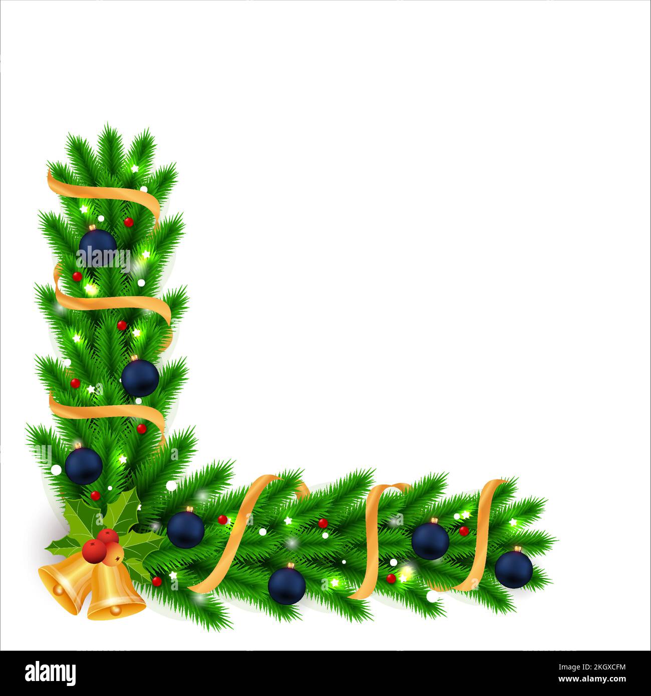 Christmas corner with blue decoration ball and golden bells. Xmas ...