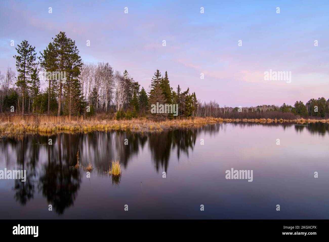 Reflections in a beaver pond at sunset, Greater Sudbury, Ontario ...