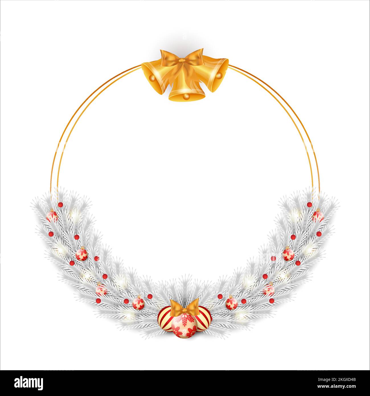 Christmas frame with a golden ribbon and jingle bells. Xmas frame with ...
