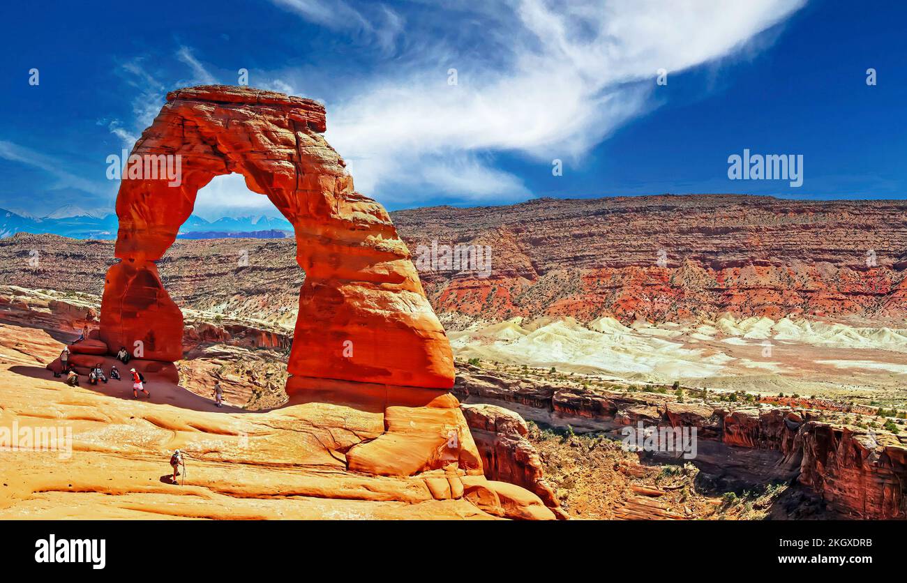 View on isolated red freestanding sandstone landmark arch with rugged ...