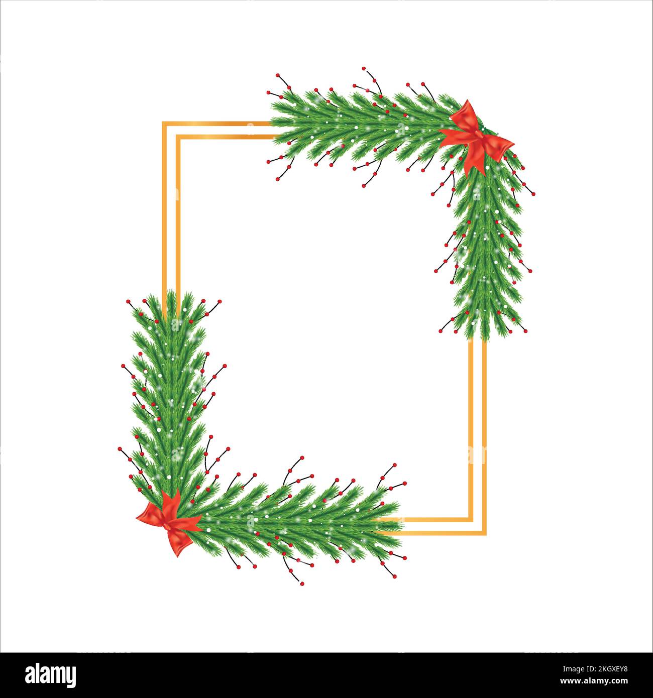 Christmas Realistic frame with red berries, pine leaves, red ribbon ...
