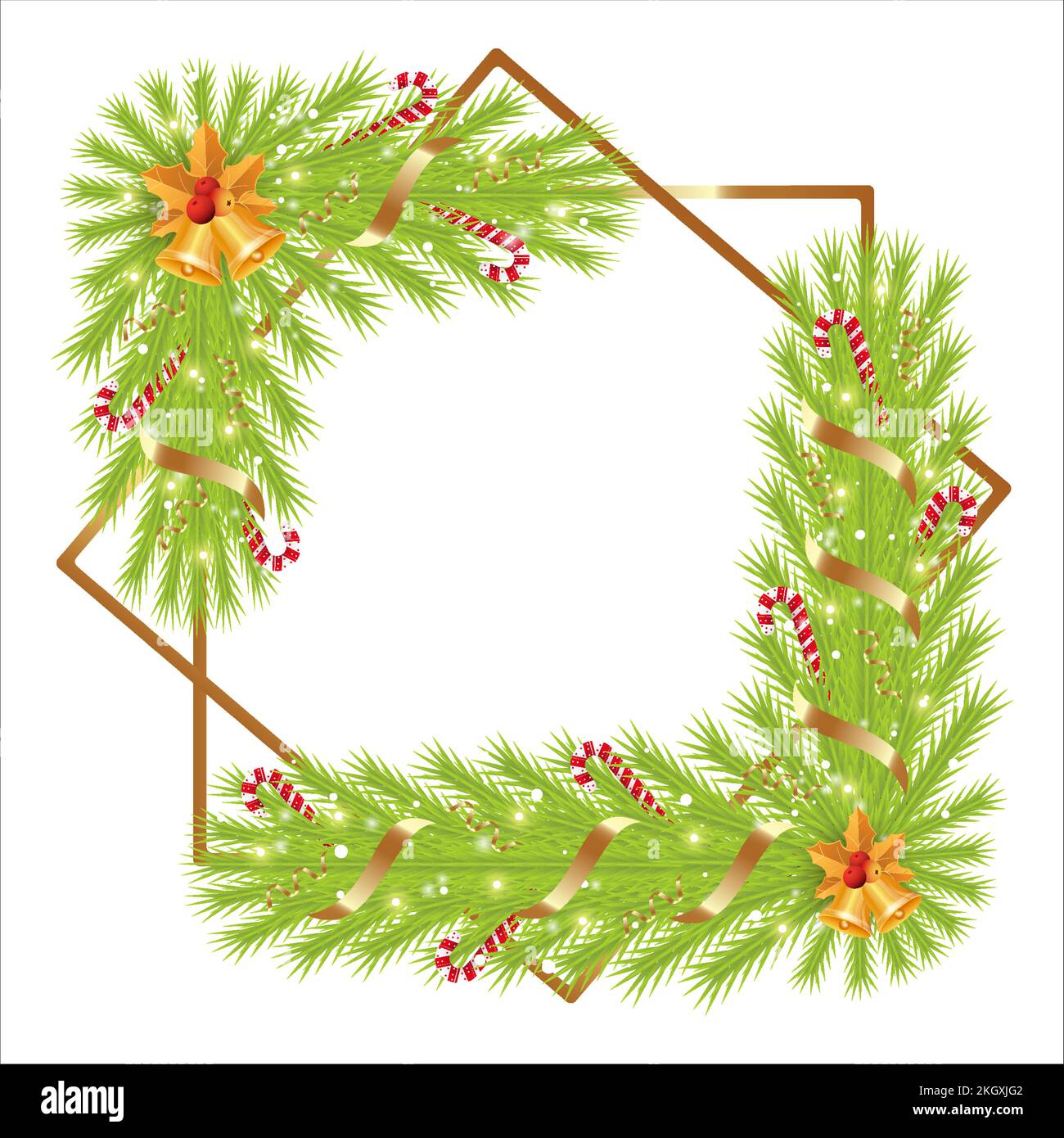 Christmas frame with golden ribbons and jingle bell. Xmas Corner with ...