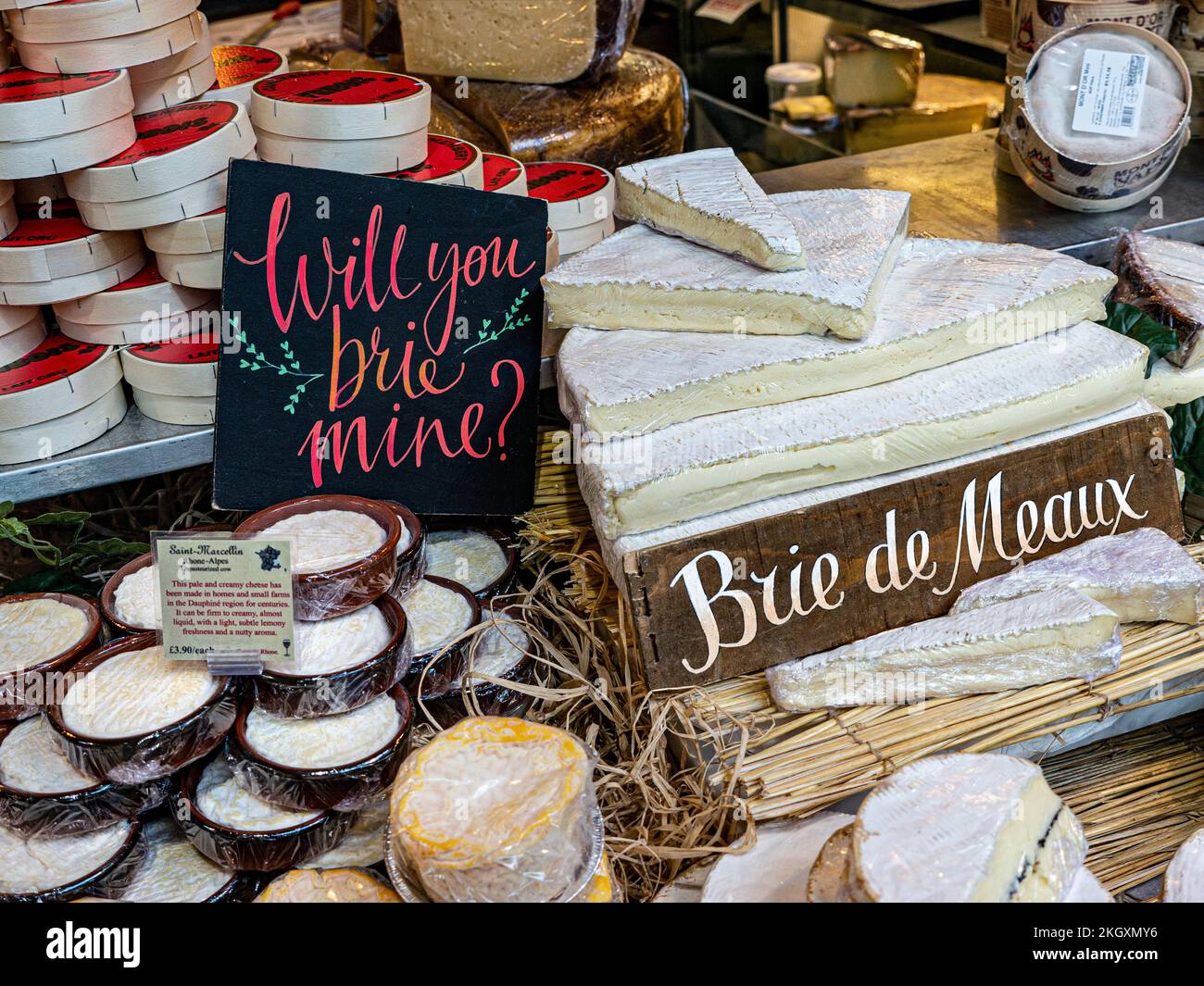FRENCH BRIE DE MEAUX CHEESE STALL DISPLAY with other cheeses featured ...
