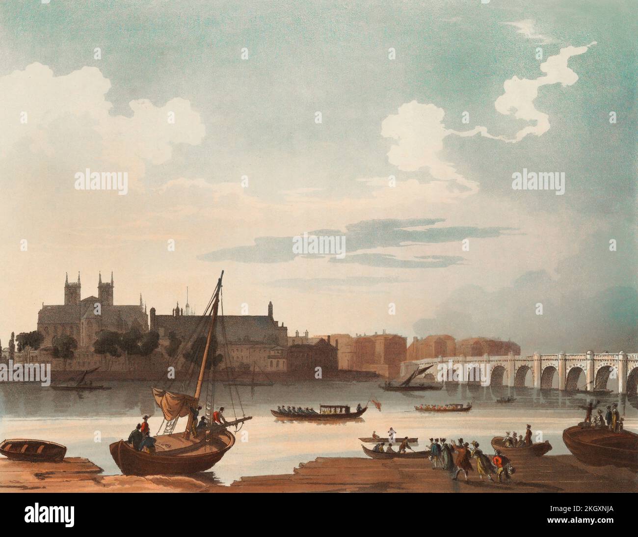 View of Westminster Hall and Bridge, London, England, after Rowlandson ...