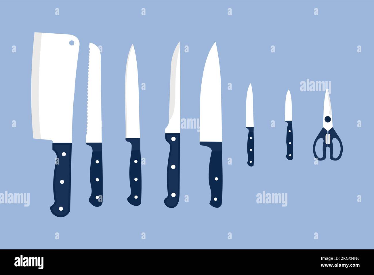 Flat vector knife collection with white and blue color. Chef knife ...