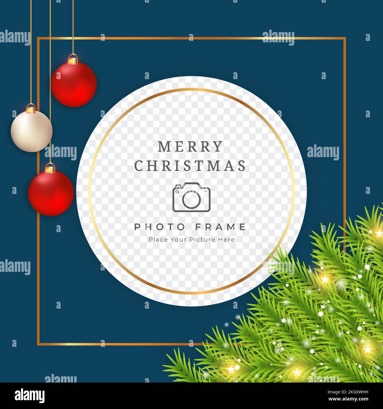 Christmas photo frame with blow background. Photo frame with green leaf ...