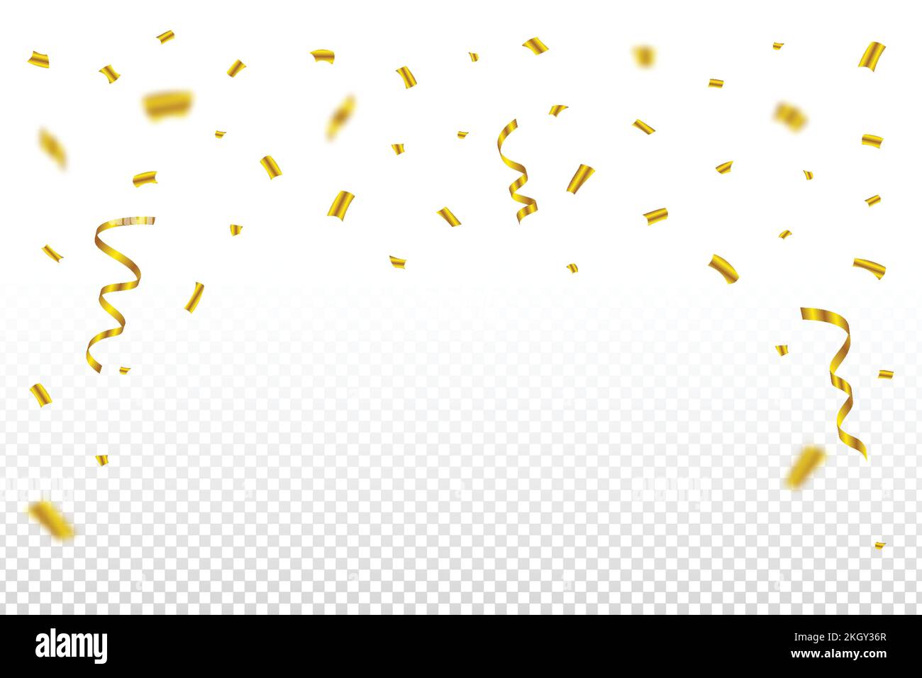Golden confetti and ribbon falling isolated on transparent background. Festival elements vector ...