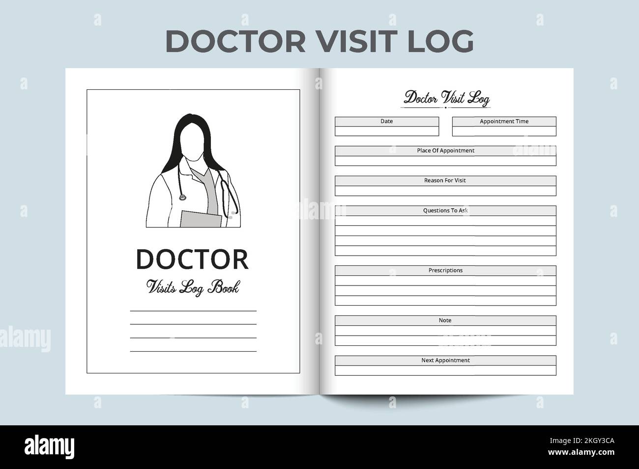 Doctor visiting log book KDP interior. Female doctor line art with ...