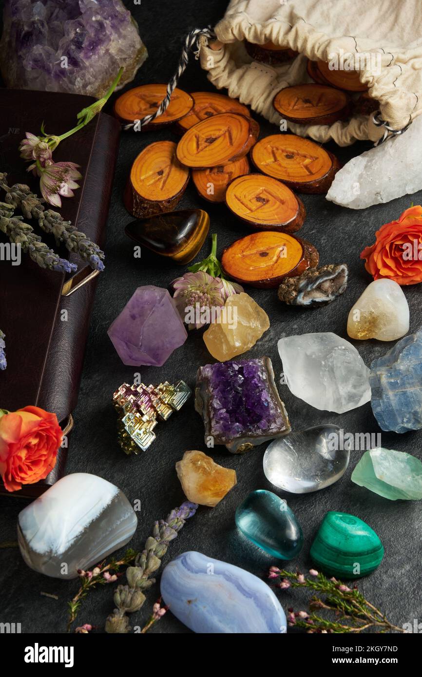 various gem stones and runes Stock Photo - Alamy