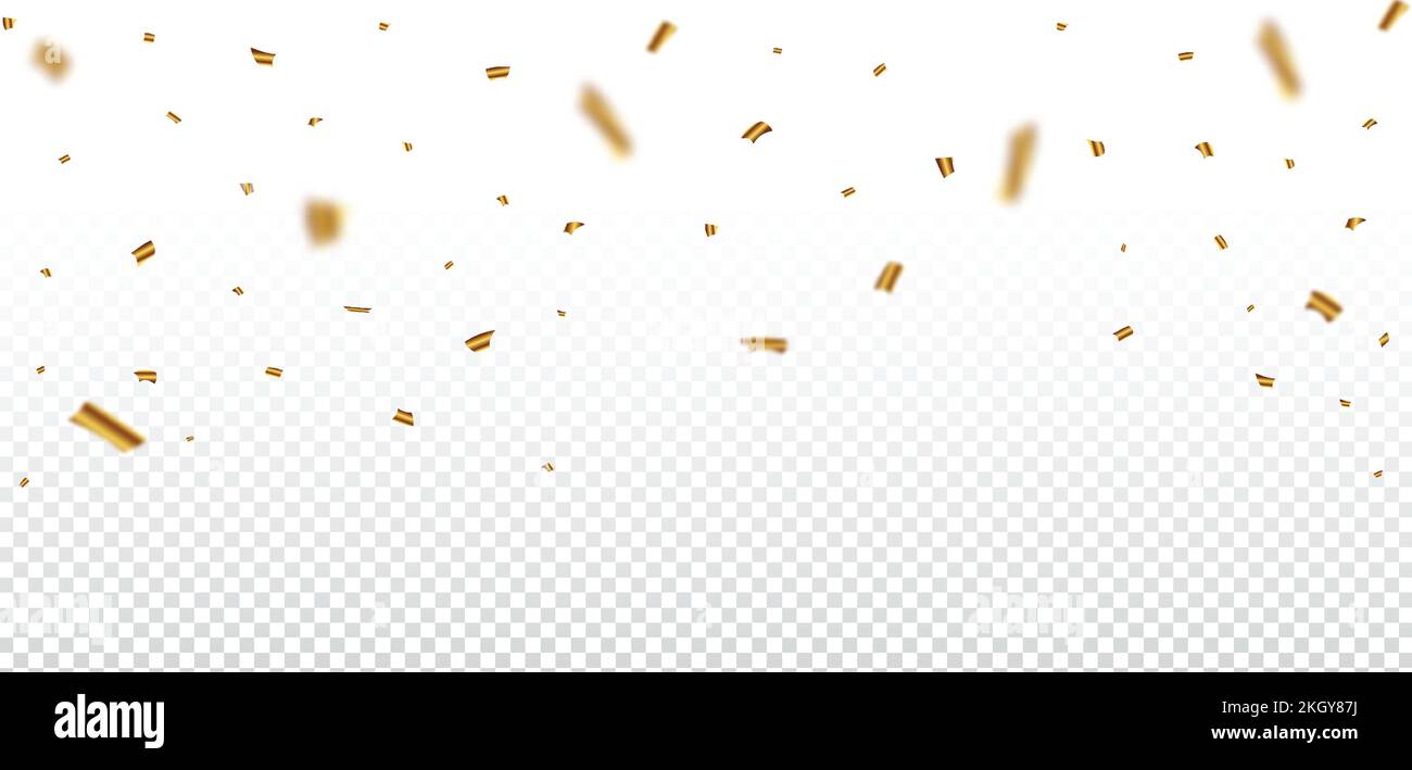 Golden confetti falling illustration on a transparent background. Festival celebration elements ...
