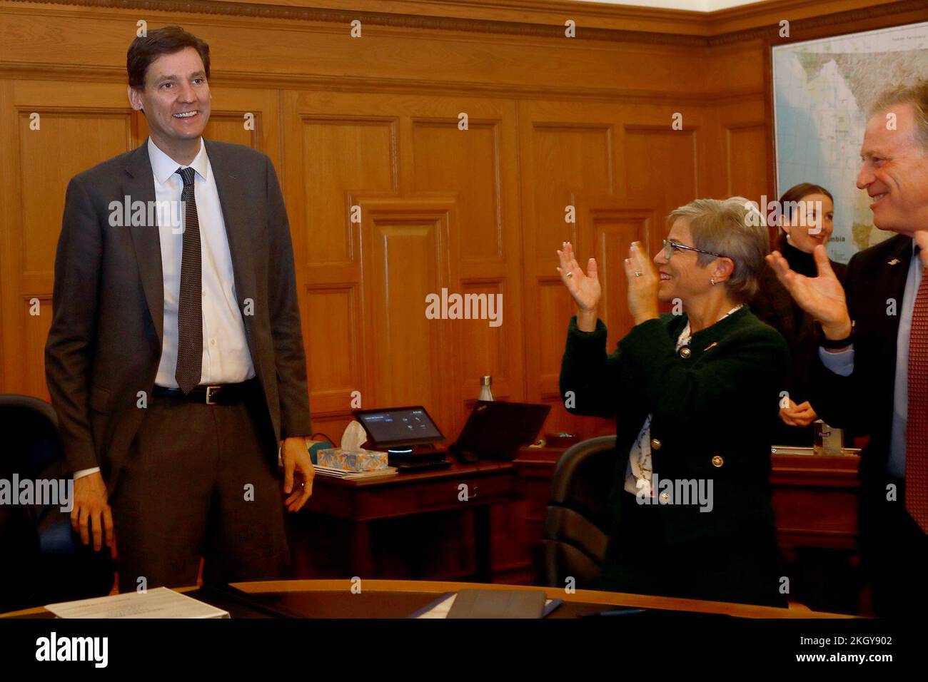 Premier David Eby is greeted by an applause as he holds his first ...