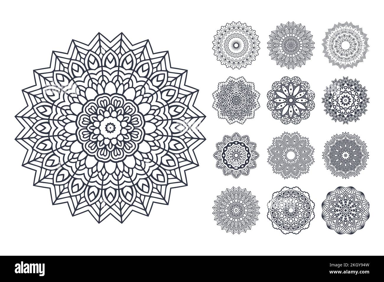 Mandala line art bundle. Mandala coloring page vector. Black and white ...