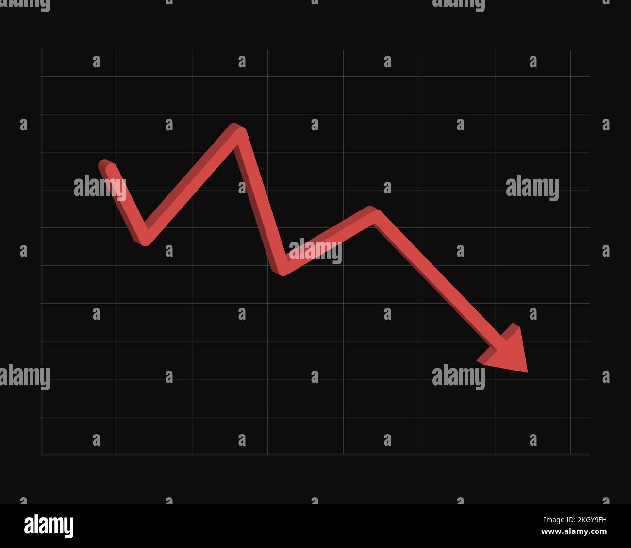Red volumetric graph of fall of economy on black background, vector ...