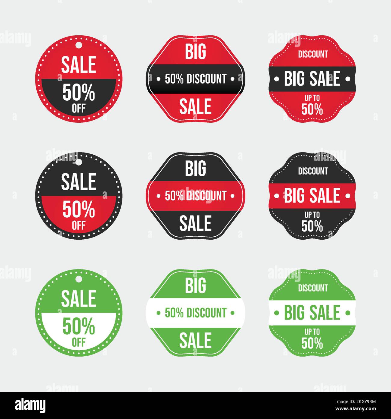 Sale 50% off badge with green, black, and red color. Big sale badge set ...
