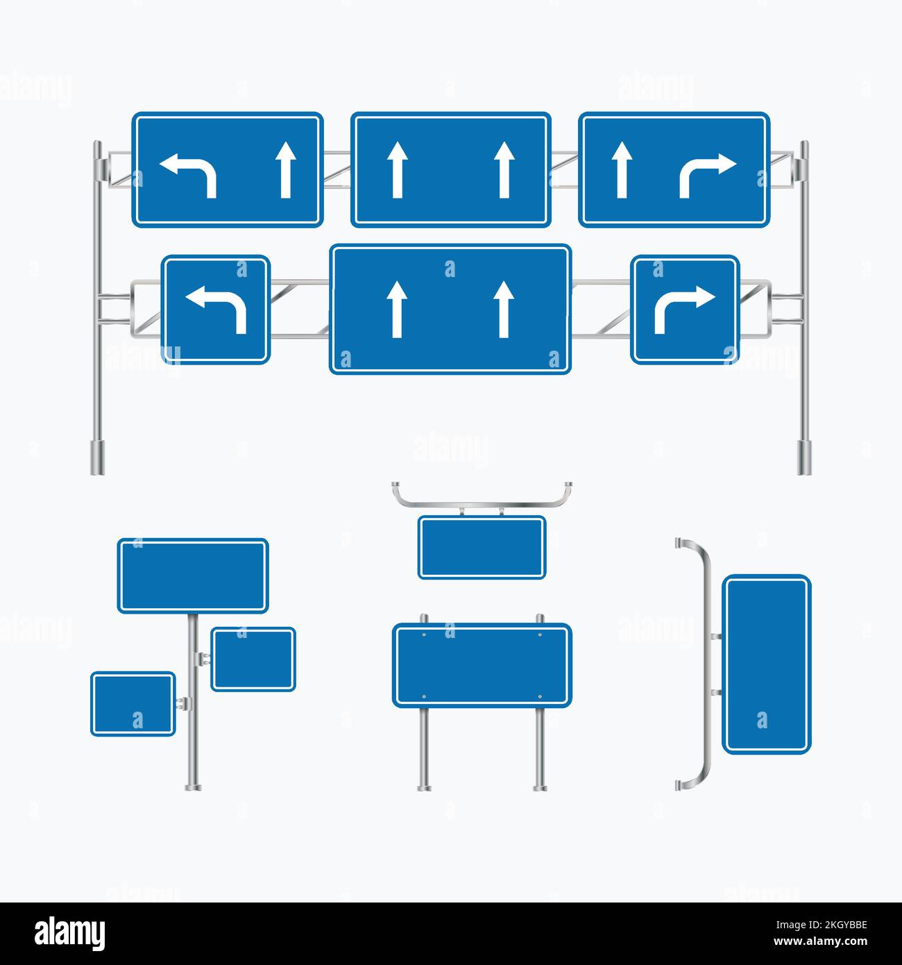 Traffic billboard vector. Blue highway direction signs. Blank advertising billboard. Set of road ...